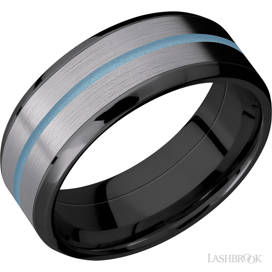 8 mm wide/Beveled/Zirconium band featuring inlays of Tantalum and Pola ...