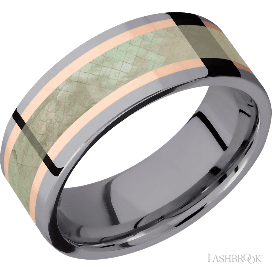 8 mm wide/Flat/Tantalum band featuring inlays of 14K Rose Gold and Fre ...