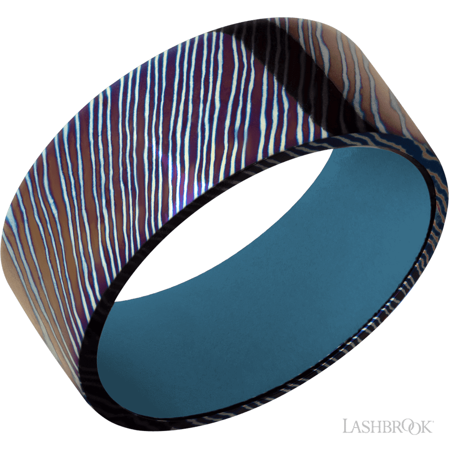 9 mm wide Flat Titanium Damascus band featuring a Royal Blue sleeve ...