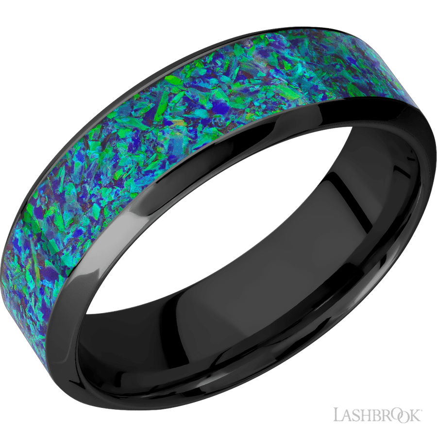 7 mm wide/High Bevel/Zirconium band with one 4 mm Centered inlay of Gr ...