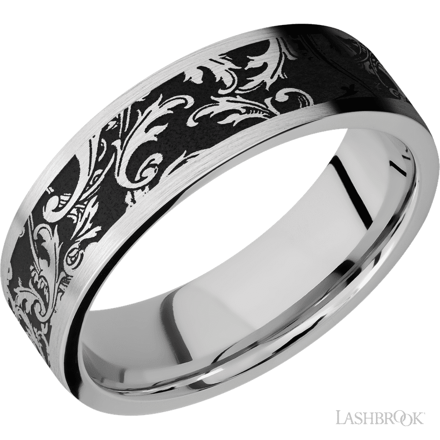 7 mm wide/Flat/Cobalt Chrome band with a laser carved Black Leaf patte ...